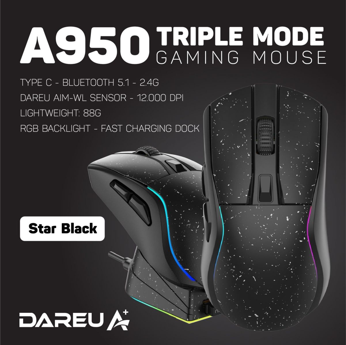 Chuột DareU A950 3 Mode Wireless Star Black